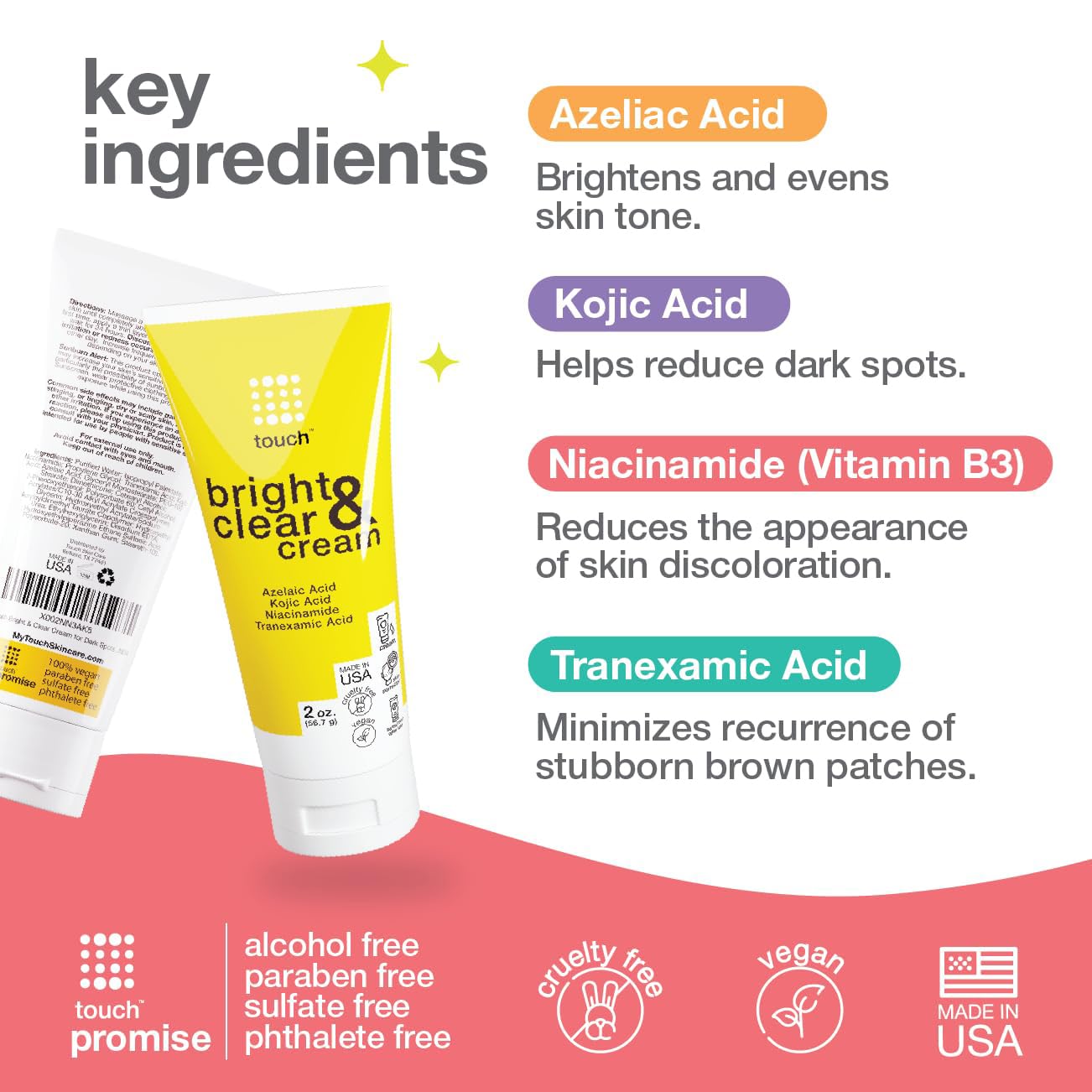 TOUCH Skin Bright Cream for Dark Spots on Face - Azelaic Acid with Kojic Acid, Tranexamic Acid, & Niacinamide β Age Spot, Sun Spot, and Melasma