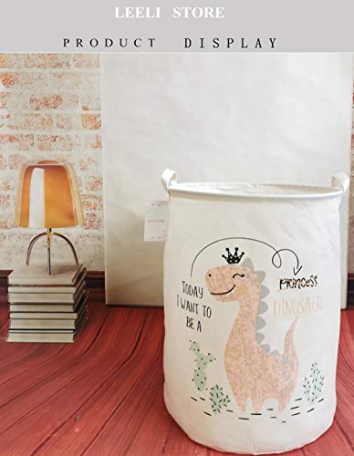 LEELI Laundry Hamper with Handles Collapsible Canvas Laundry Basket,Waterproof Storage Basket Home Organizer for Nursery,Clothes,Toys,Baby Hamper19.7×15.7(pink dinosaur)