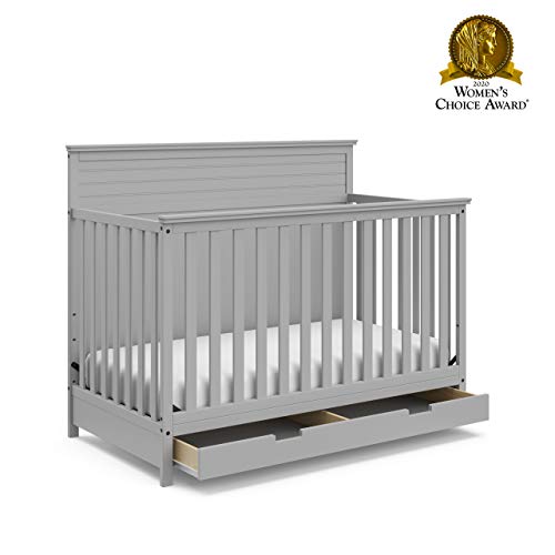 STORKCRAFT Homestead 5-in-1 Convertible Crib with Drawer (Pebble Gray) β GREENGUARD Gold Certified, Crib with Drawer Combo, Includes Nursery Storage Drawer, Converts to Toddler Bed and Full-Size Bed