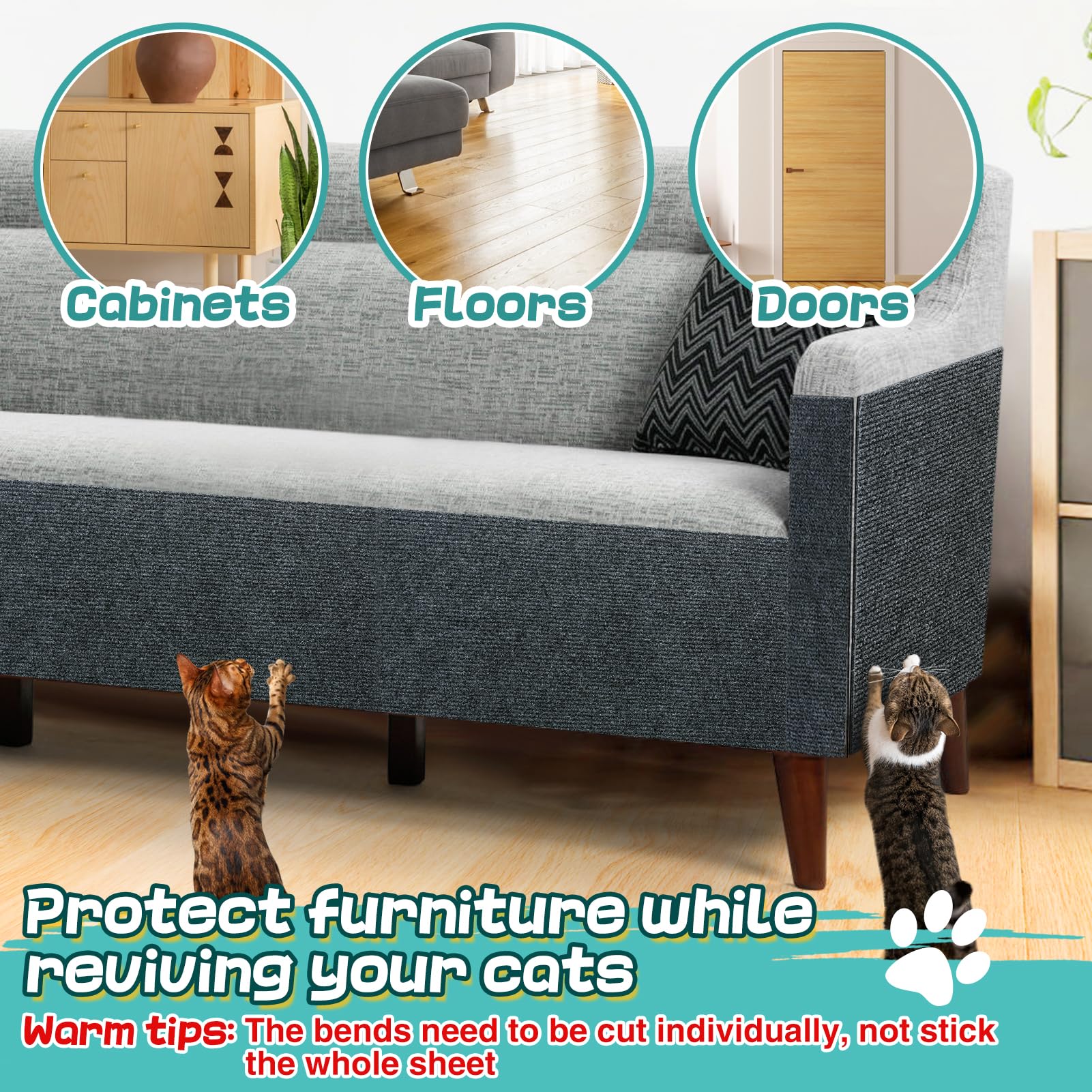 78.7"x14.6" Trimmable Cat Scratch Furniture Protector - Self-Adhesive Cat Scratching Mat Deterrent, Couch Protector from Cat Claws for DIY Scratch Post Cat Tree Shelves