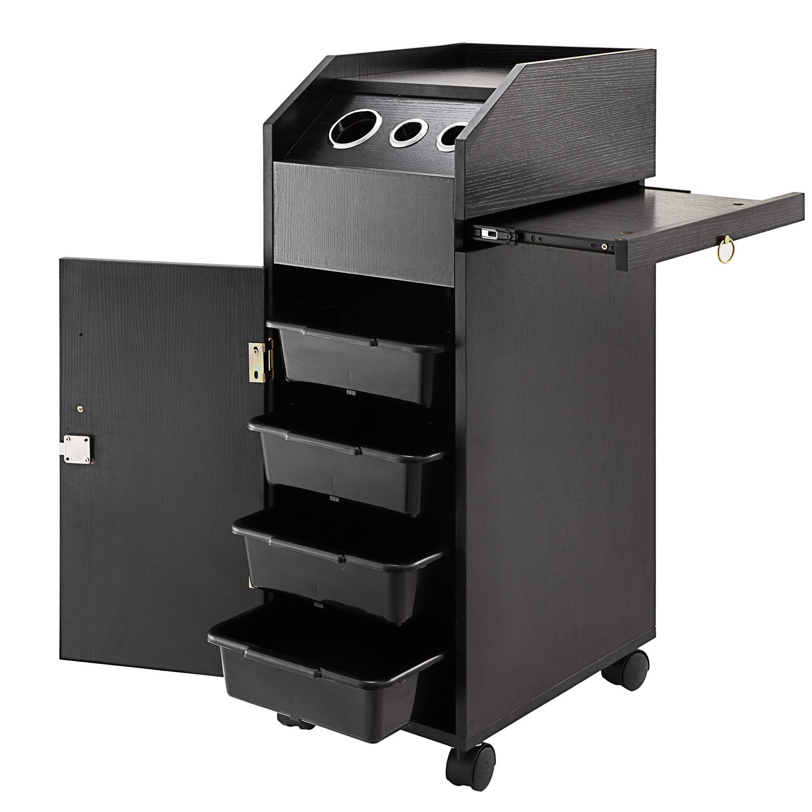 Happybuy Salon SPA Beauty Hairdressing Cart Storage Trolley with 4 Drawers Rolling Wheels Lockable 2 Keys w/Hairdryer Holder Space-Saving Side Tray (Black)