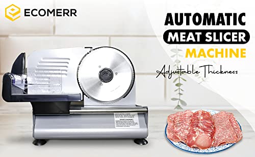 Ecomerr Electric Meat Slicer for Home Use - Automatic Deli Slicer Machine for Cheese, Bread, Vegetables - Round Stainless-Steel Blade, Adjustable Cutting Thickness - Kitchen Food Preparation Equipment