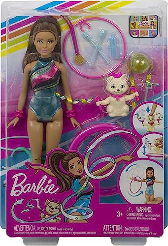 Barbie Gymnast Playset, Spin 'N Twirl Teresa Doll Flips & Spins Hoops, Pet Has Bouncing Trampoline & Waves Ribbons, Themed Accessories (Amazon Exclusive)