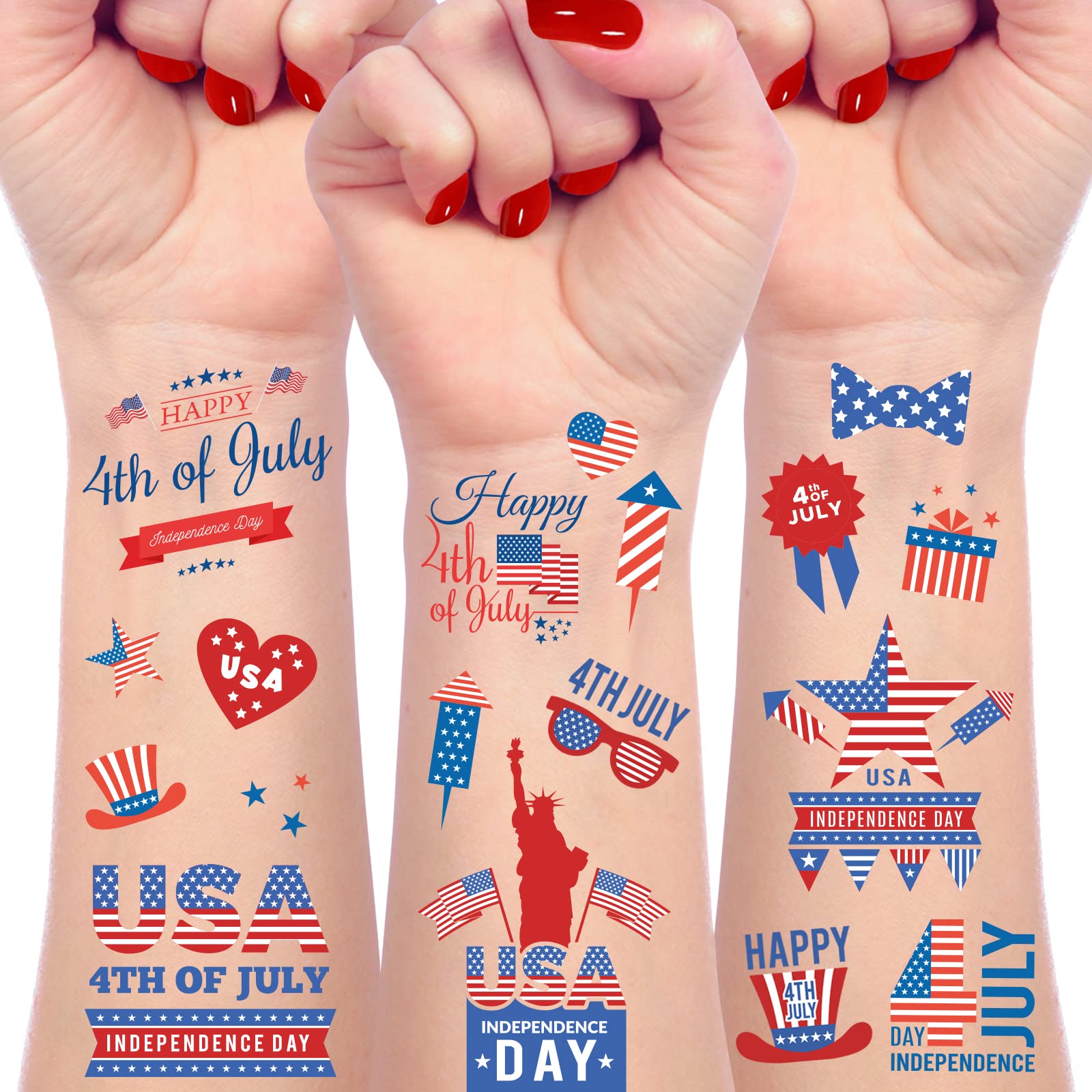 50 Pcs 4th of July Tattoos for Kids Adults 12 sheets,Patriotic Decorations,Independence Day Temporary Tattoo Stickers for USA Labor Day Memorial Day Party Favors Decorations Accessories