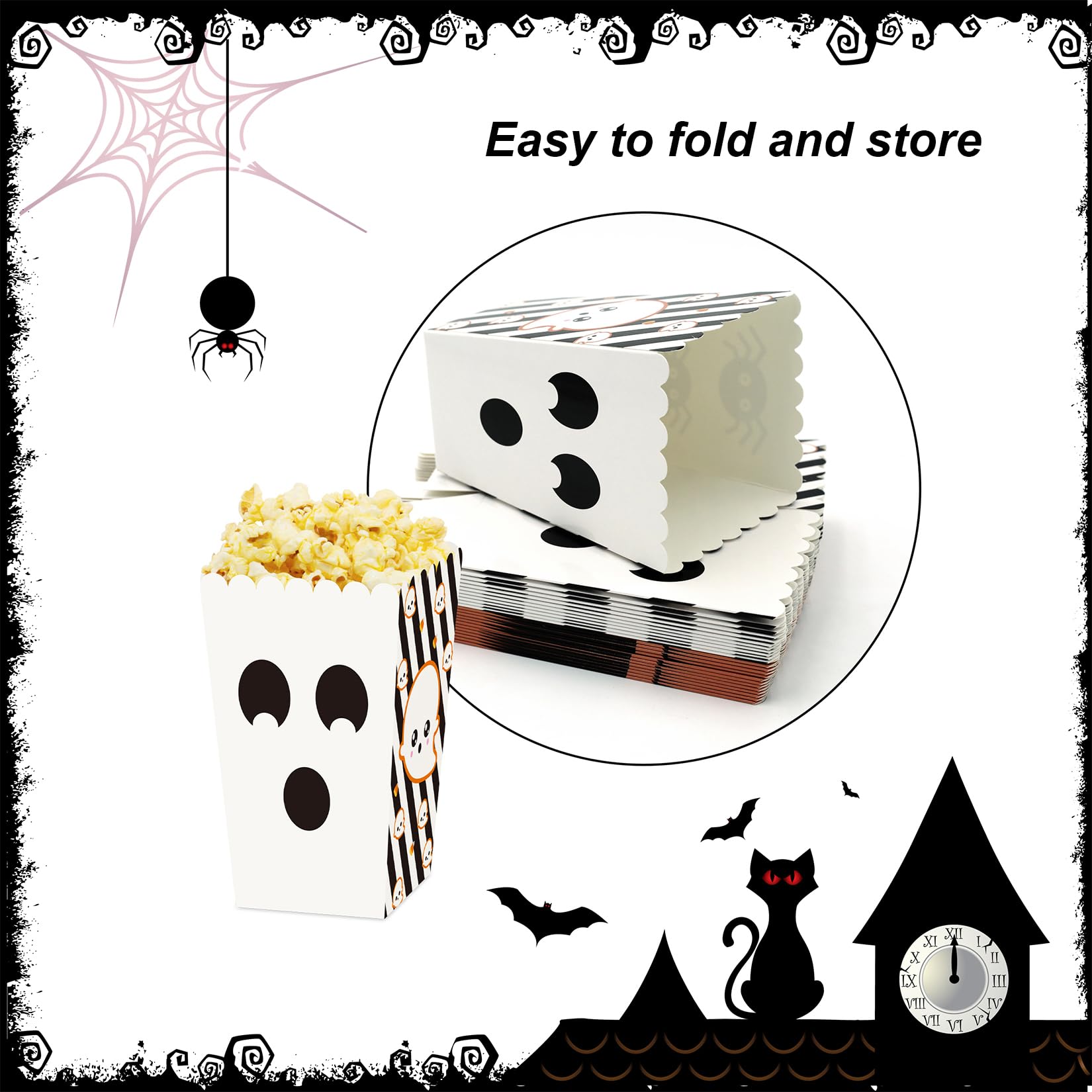KOWLOON 24PCS Popcorn Paper Boxes Halloween Popcorn Boxes,Ghost Bat Disposable Popcorn Containers for Halloween Party Favor,Pumpkin Snack Treat Boxes Candy Cookie Container Gifts for Kids