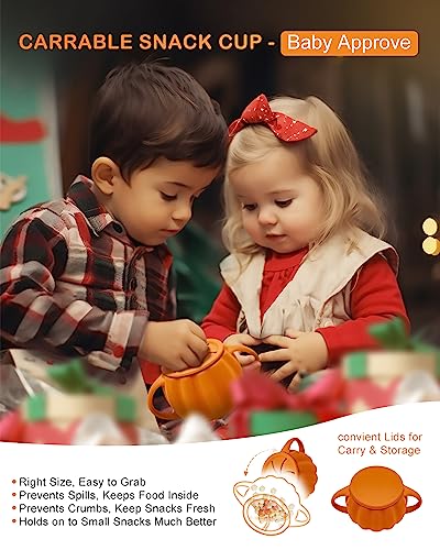 BRVTOT 3 in 1 Training Cups for Baby & Toddler 7 oz, Spill Proof Toddler Straw Cup & Snack Containers Cup with DustProof Lid, BPA Free Silicone Baby Sippy Cup for 1+ Year Old, Cute Pumpkin Baby Gifts