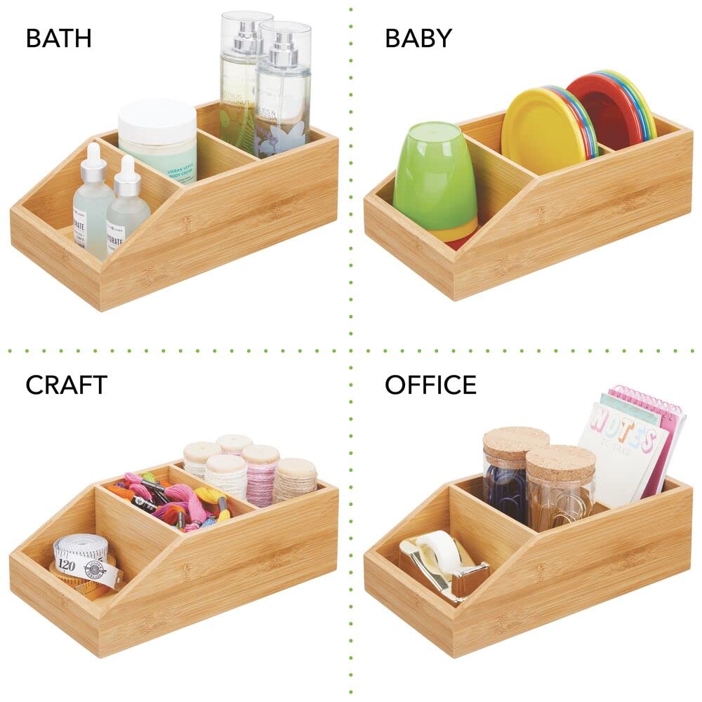 mDesign Bamboo Wood Food Storage Bin with Divided 3 Compartments and Sloped Front for Kitchen Cabinet, Pantry, Shelf to Organize Seasoning Packets, Powder Mixes, Spices, Snacks - 2 Pack - Natural