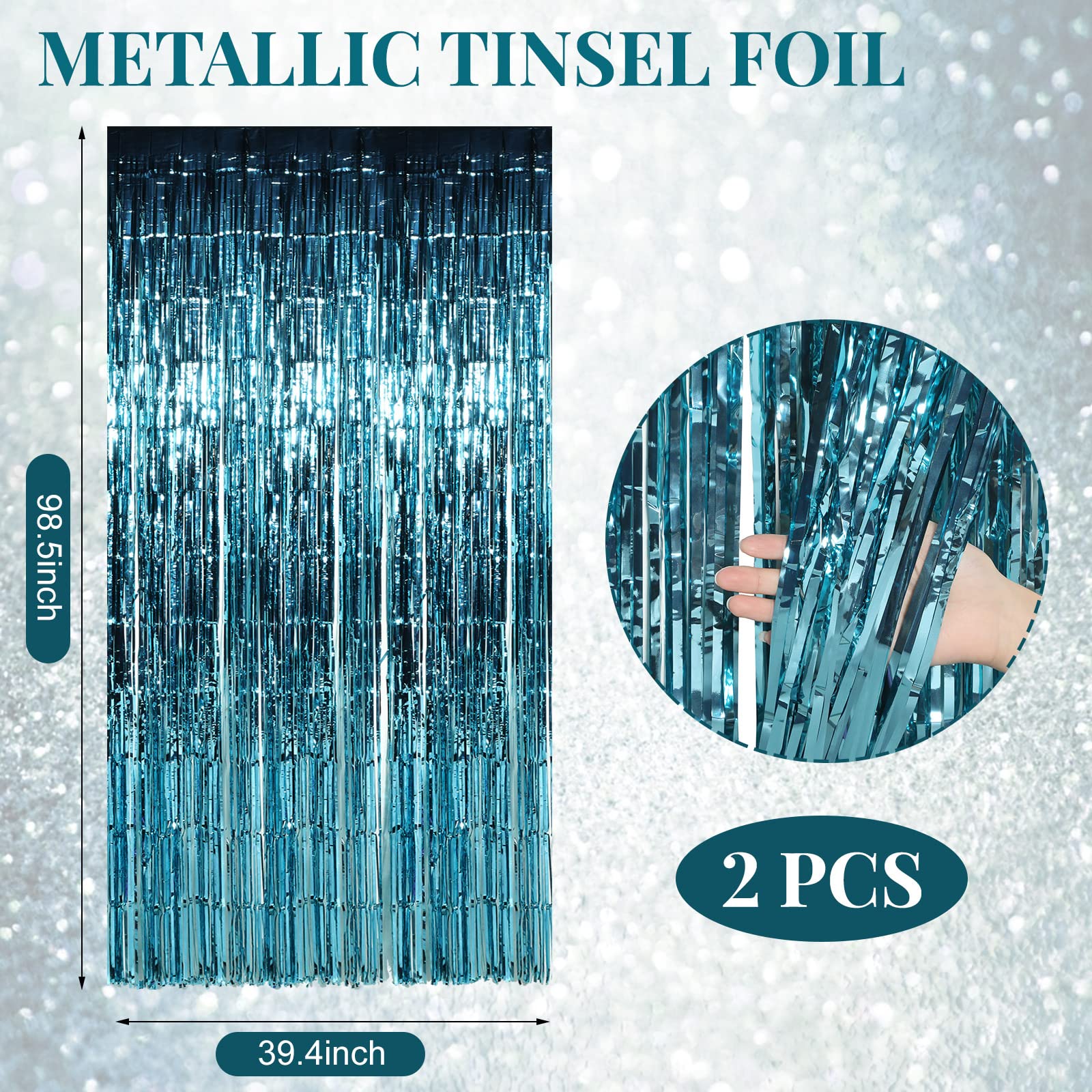 6 Pcs Under Sea Mermaid Party Decoration, Include Glitter Iridescent Jellyfish Decor, Light Blue Metallic Tinsel Foil Fringe Curtains Backdrop for Ocean Theme Birthday Party