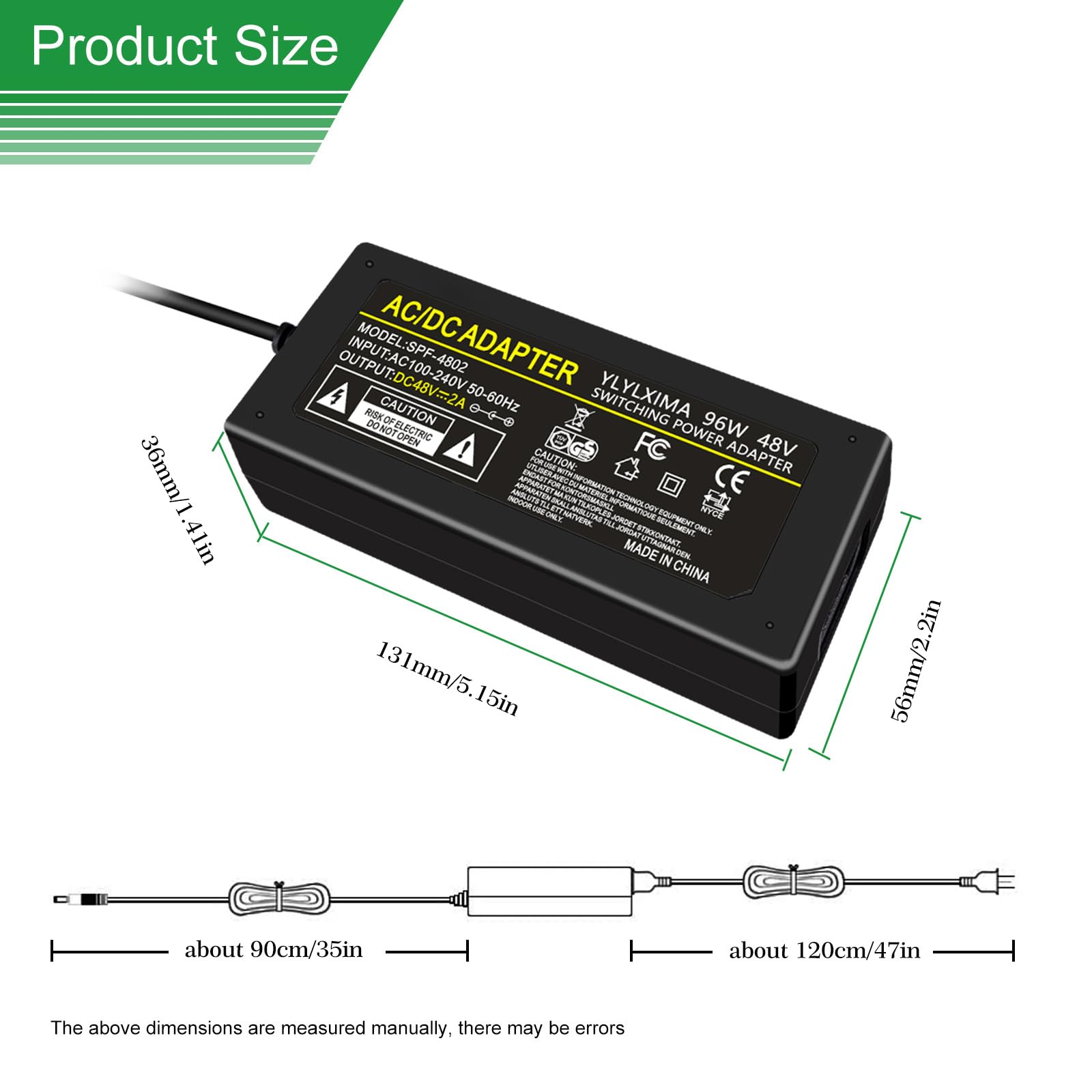 YLYLXIMA 48V 2A Power Supply Adapter 48V 96W charger AC 100-240V to DC 48V 2A Adapter US Plug 5.5 x 2.5mm for PoE Switch, LCD Monitor, LED Strip, Router.(Notice! Not Suitable for Battery Charging).