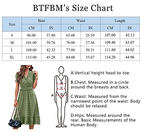 BTFBM Elegant Short Sleeve V Neck Swiss Dot Midi Summer Dresses for Women 2023 Boho Ruffle Long Dresses Ruffle Cocktail Dress(Solid Green,X-Large