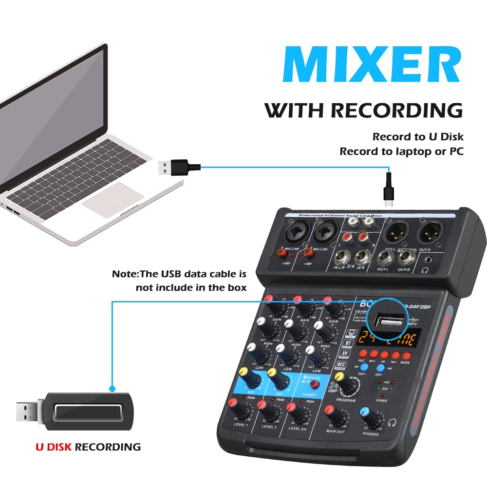 BOMGE 4 Channel mini DJ Audio Sound Mixer Interface with MP3、 USB, Bluetooth, Stereo Recording, 48V Phantom Power, 24 DSP for karaoke, performance, church singing 、 podcas streaming