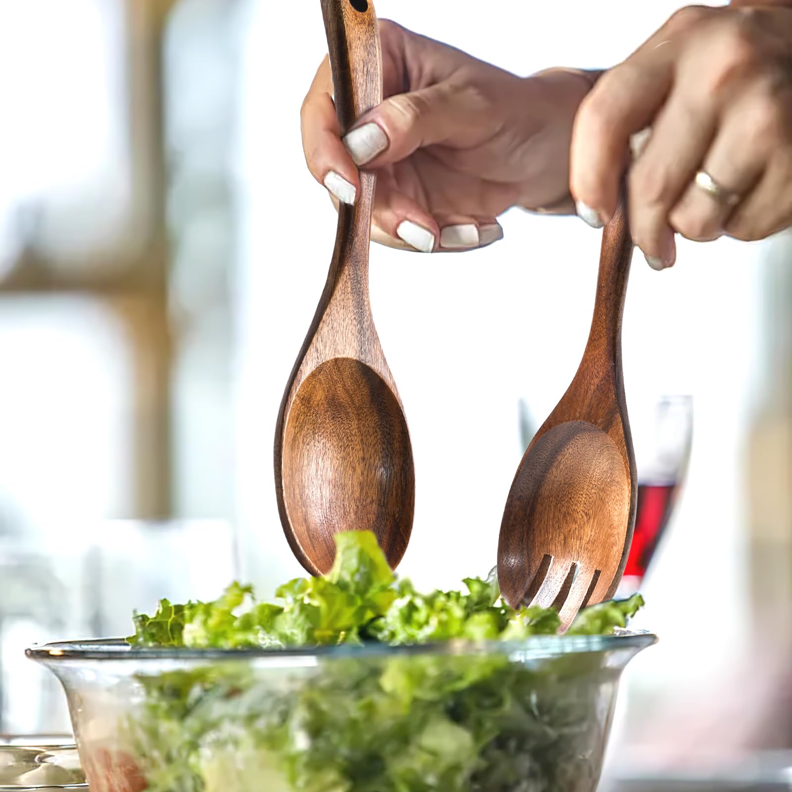 LOVEINUSA Salad Servers, 10.7in Wood Salad Tongs Salad Serving Set Salad Serving Tossing Utensils for Mixing, Tossing and Cooking