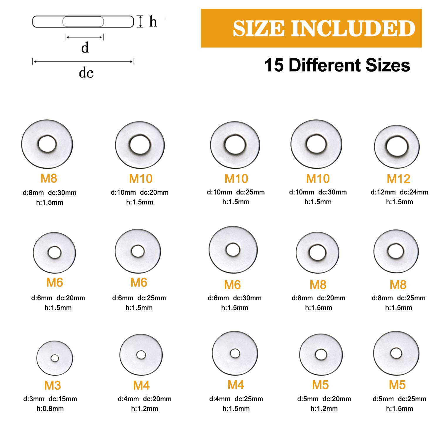 VIGRUE 304 Stainless Steel Flat Washers Set Washers Hardware Assortment 225 Pieces -15 Sizes M3 M4 M5 M6 M8 M10 M12