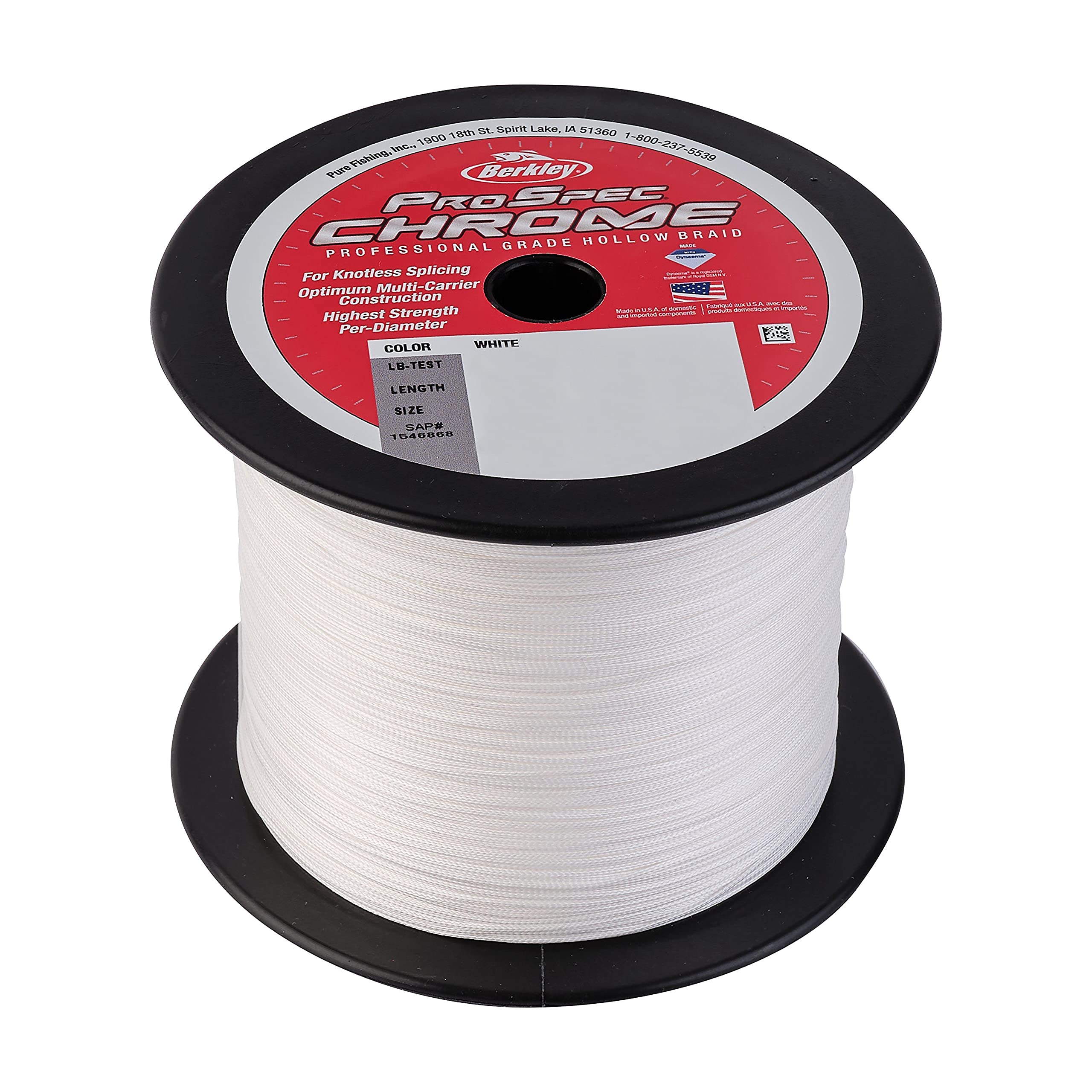Berkley ProSpec® Chrome Premium Hollow Braid Superline, White, 130lb | 58.9kg, 500yd | 457m Fishing Line, Suitable for Saltwater Environments