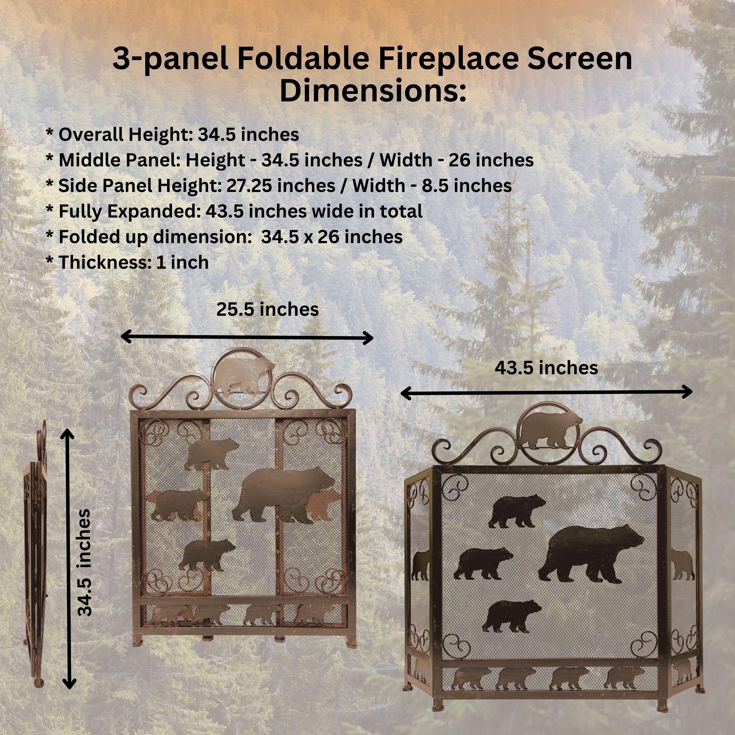 BestGiftEver 3-Panel Fireplace Screen Decorative with Sloth of Bears Design - Stand Alone Fireplace Cover Metal Mesh Screen - Home Decorative Firescreen for Cabin, Wildlife, and Woodland Theme