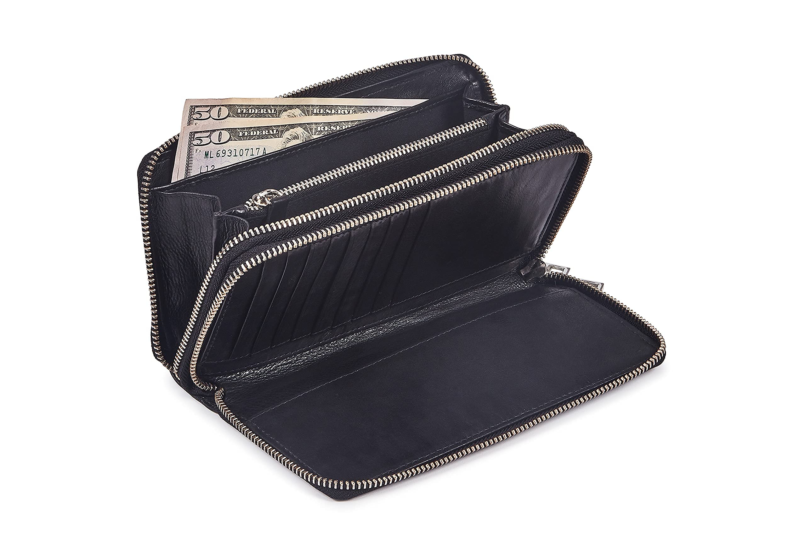 Zinda Genuine Leathers Women’s Wallet Purse Long Double Zip Around RFID Protection (Black)
