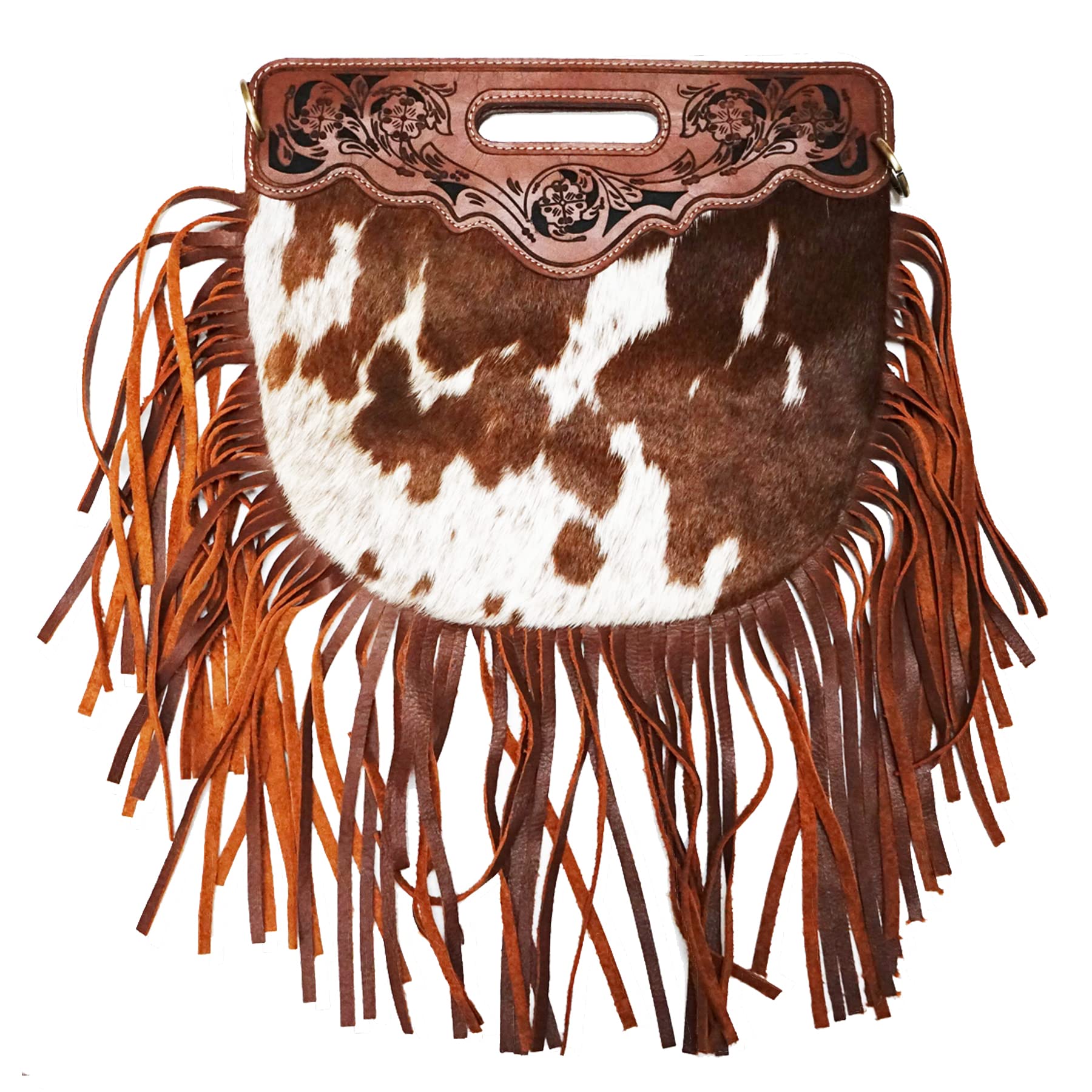 bonanza leathers women's cowhide handbag crossbody shoulder leather bag with fringes button closure H8 (Brown)