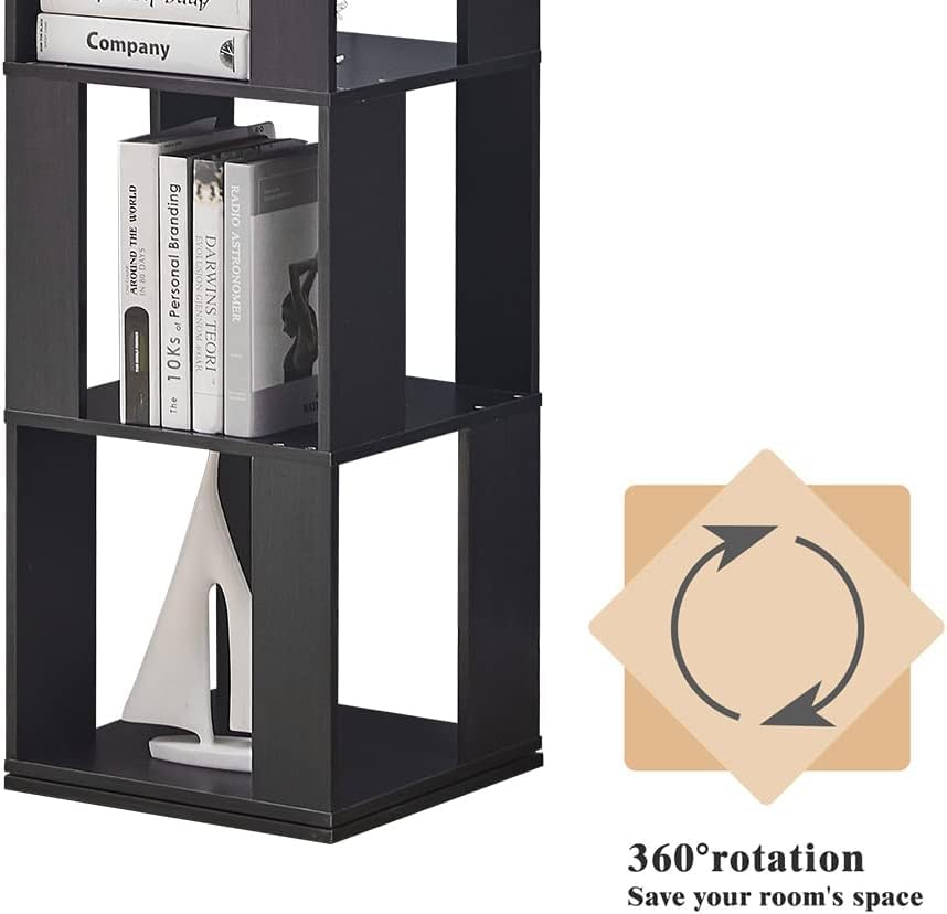 RVEE Rotating Bookshelf 360°, 6 Tier Corner Bookcase for Living Room Floor Bookcase Wooden Bookshelf Home Office Corner Tall Bookcase (Black)