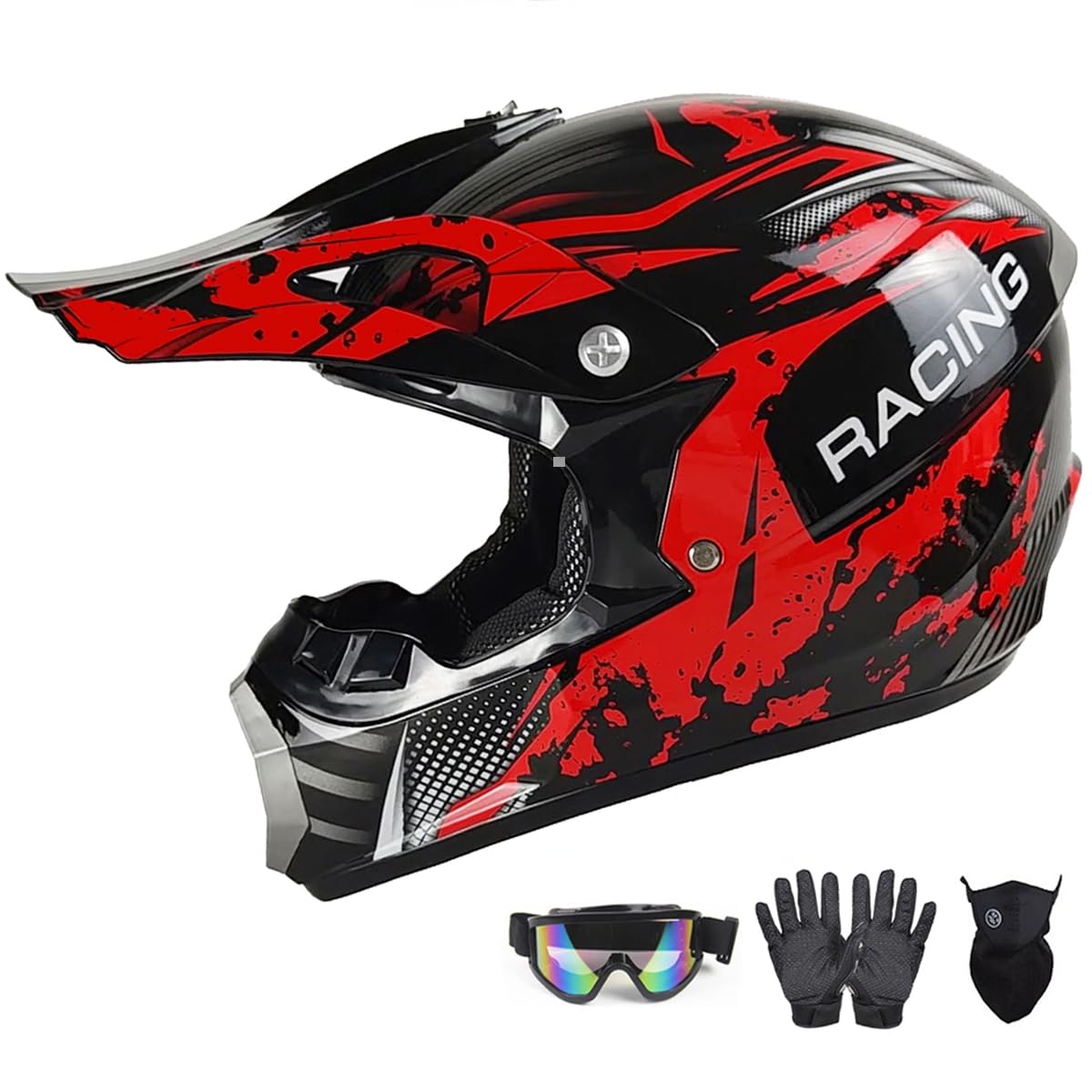 Blue Youth Kids Dirt Bike Helmet, DOT Approved Full Face Motocross Helmet 4Pcs Set, ATV BMX Off-Road 4-Wheeler Quad Motorycle Helmet, S
