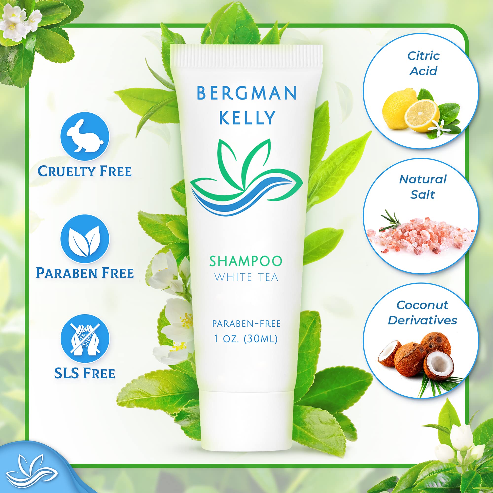 BERGMAN KELLY Travel Size Hotel Shampoo (1 fl oz, 100 PK, White Tea), Delight Your Guests with Revitalizing and Refreshing Shampoo for Guest Hospitality, Mini & Small Size Luxury Shampoo in Bulk
