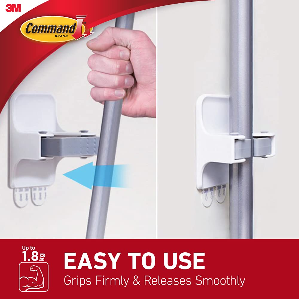 Command Broom and Mop Grippers Wall Hook, Damage Free Hanging Wall Mount Broom and Mop Holder, No Tools Household Cleaning Organizer for Living Spaces, 1 Hanger and 2 Command Strips
