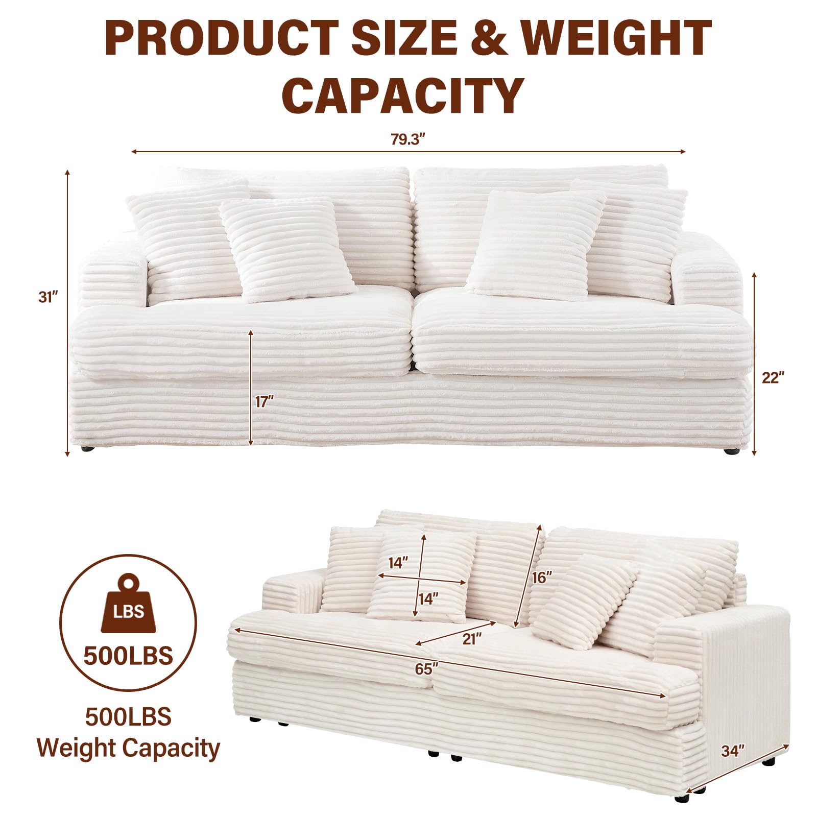 80" W Loveseat Sofa, Mid Century Modern Love Seat Couches for Living Room, Corduroy Small Couch, Comfy Upholstered Couch for Small Spaces, Bedroom,White