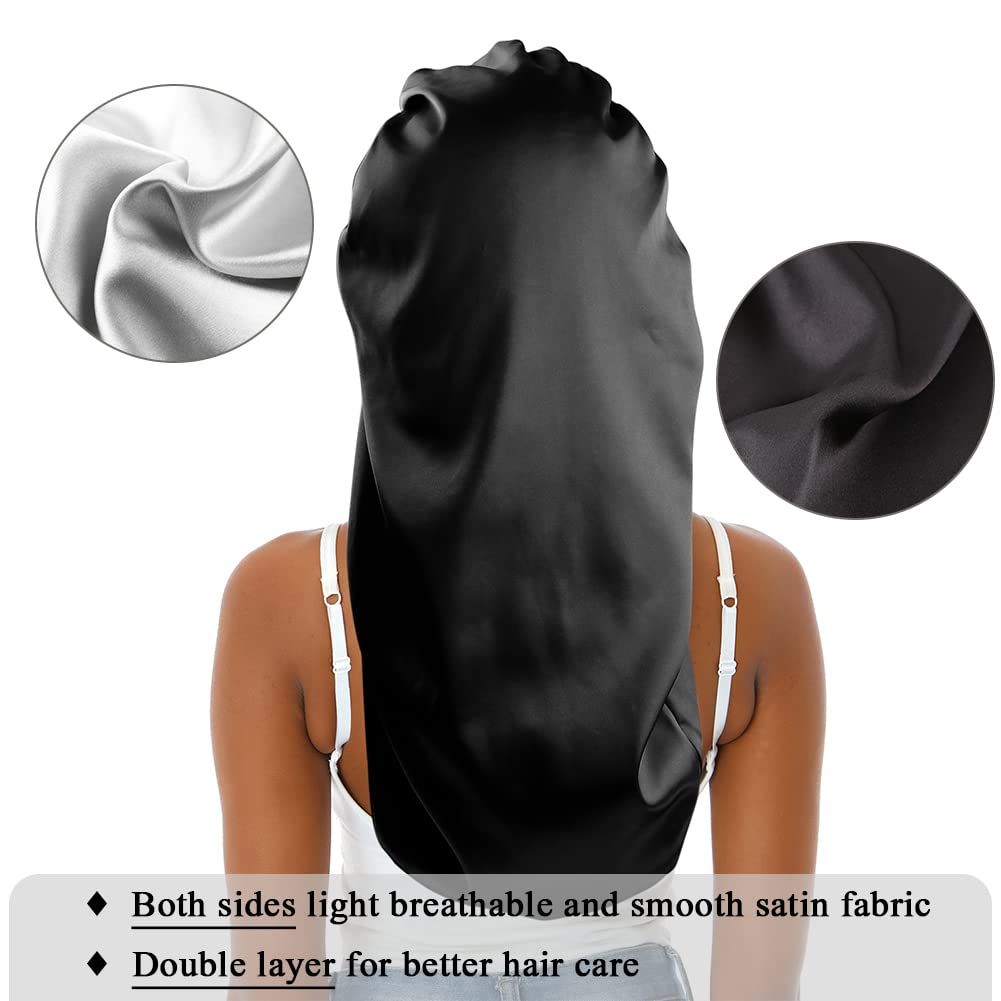 Sent Hair Extra Large Satin Hair Bonnet for Women, Double-Layer Elastic Night Sleeping Cap with Tie Band for Braids/Curly/Long Hair - Black