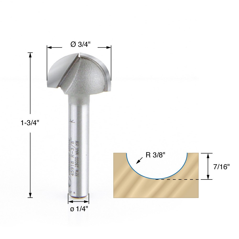 Amana Tool 45918 Core Box 3/4-Inch Diameter x 7/16-Inch Cutting Height x 3/8 Radius x 1/4-Inch Shank 2-Flute Carbide Tipped Router Bit