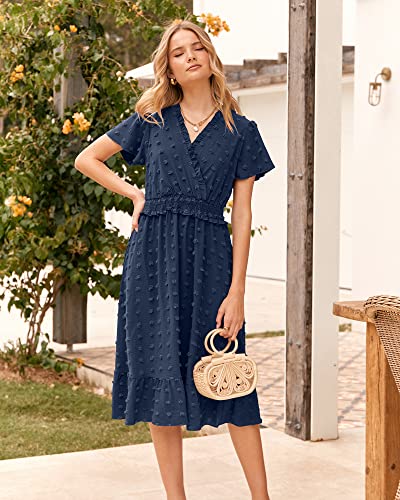 BTFBM Women's Summer Elegant Short Sleeve V Neck Swiss Dot Midi Dresses Cute Boho High Waist Long Dresses A-Line Ruffle Dress(Solid Navy,Large