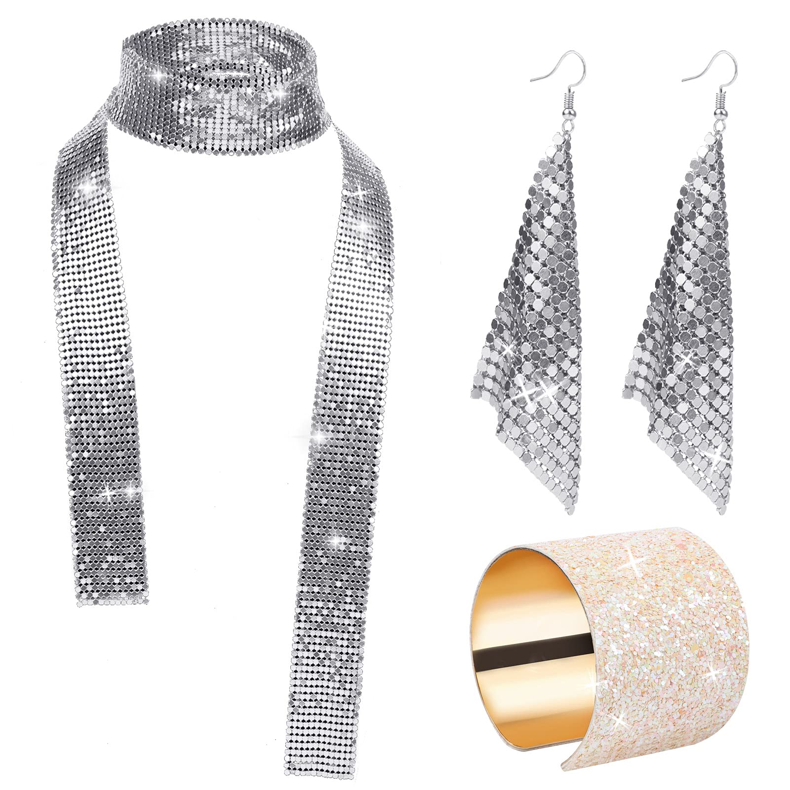3 PCS 1970s Disco Accessories Disco Set Metal Scarf, Bling Earrings and Bracelet for Women (Color1)
