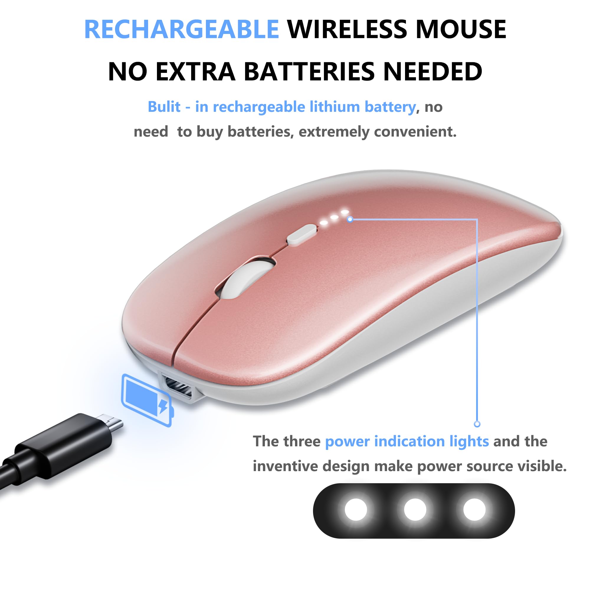 ShuGuoTu Wireless Mouse, 2.4G Slim Mute Silent Click Noiseless Optical Mouse with USB Receiver and Type C Adapter Compatible with Notebook, PC, Laptop, Computer, MacBook (Rose Gold)