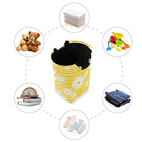 One Bear Flower Laundry Basket Cute Daisy Chamomiles Flowers Floral Yellow and White Stripes Foldable Large Laundry Hamper Bucket with Handles Collapsible Nursery Storage Bin for Kids Clothes Toy