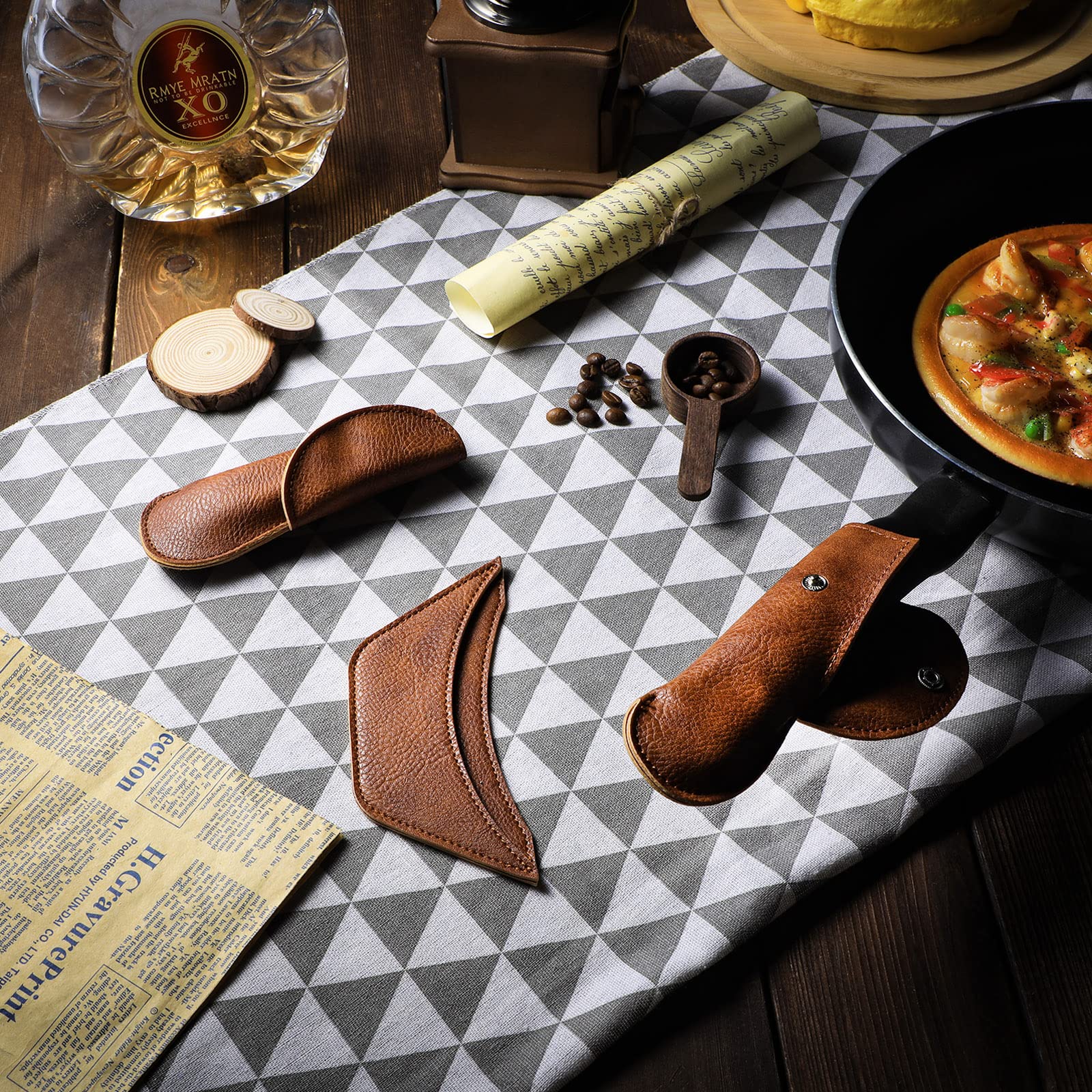 6 Pieces Cast Iron Handle Cover Handmade Thick Skillet Handle Cover Full Grain Frying Pan Handle Sleeve Rustic PU Leather Hot Handle Holder Double Layered Leather Handle Cover Assist Grip for Kitchen