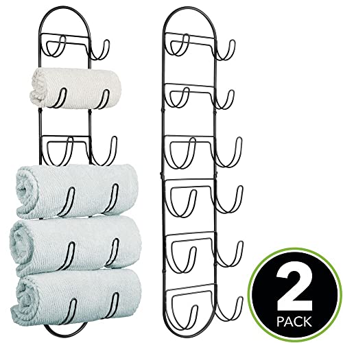 mDesign Steel Wall Mount Towel Rack with 6 Compartments - Towel Holder and Towel Storage Shelf Organizer for Bathroom, Powder Room - Concerto Collection - 2 Pack - Black