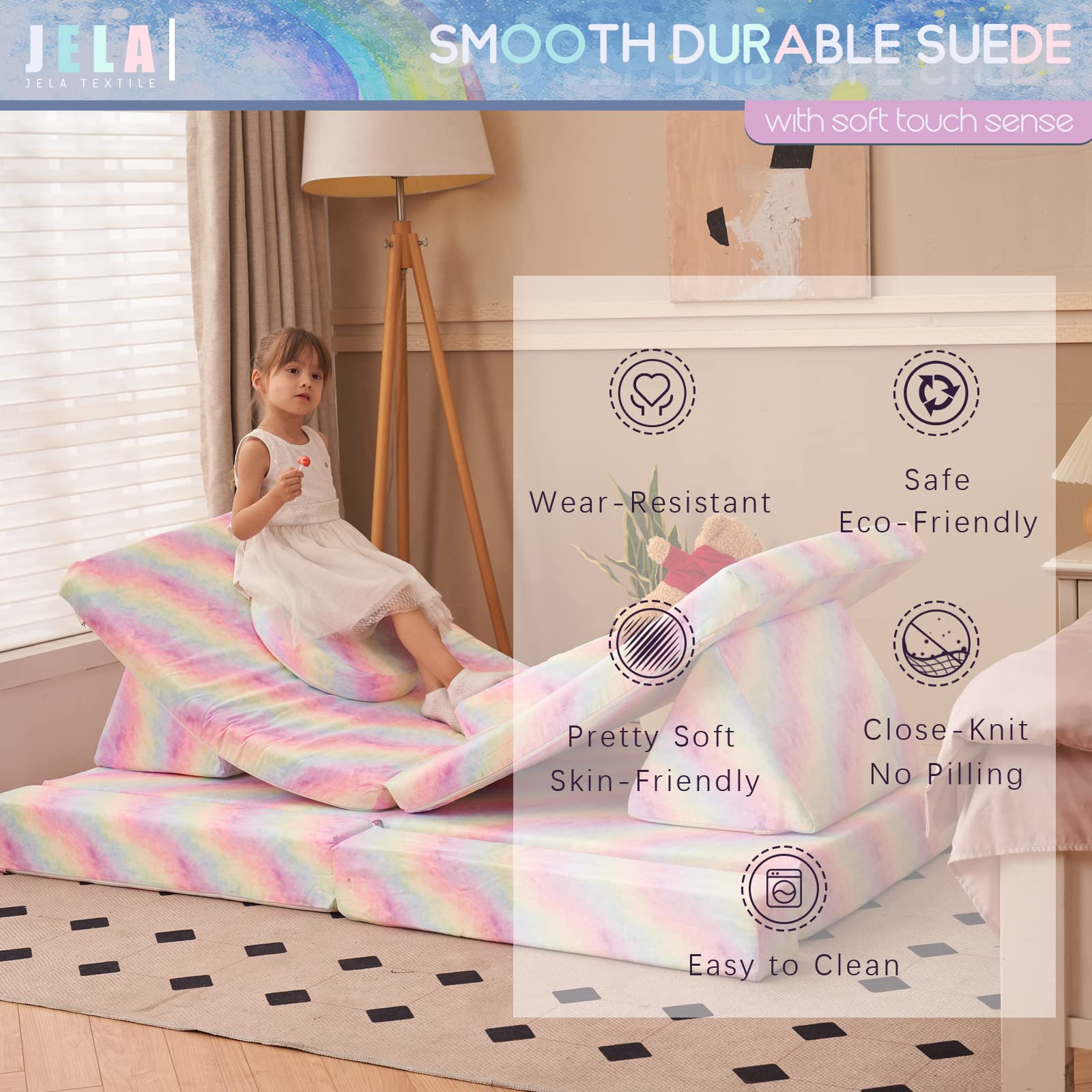 jela Kids Couch Extended Size 10PCS with futons, Floor Couch Floor Sofa Modular Furniture for Kids and Adults, Modular Foam Play Couch, Modular Sectional Sofa (Rainbow)