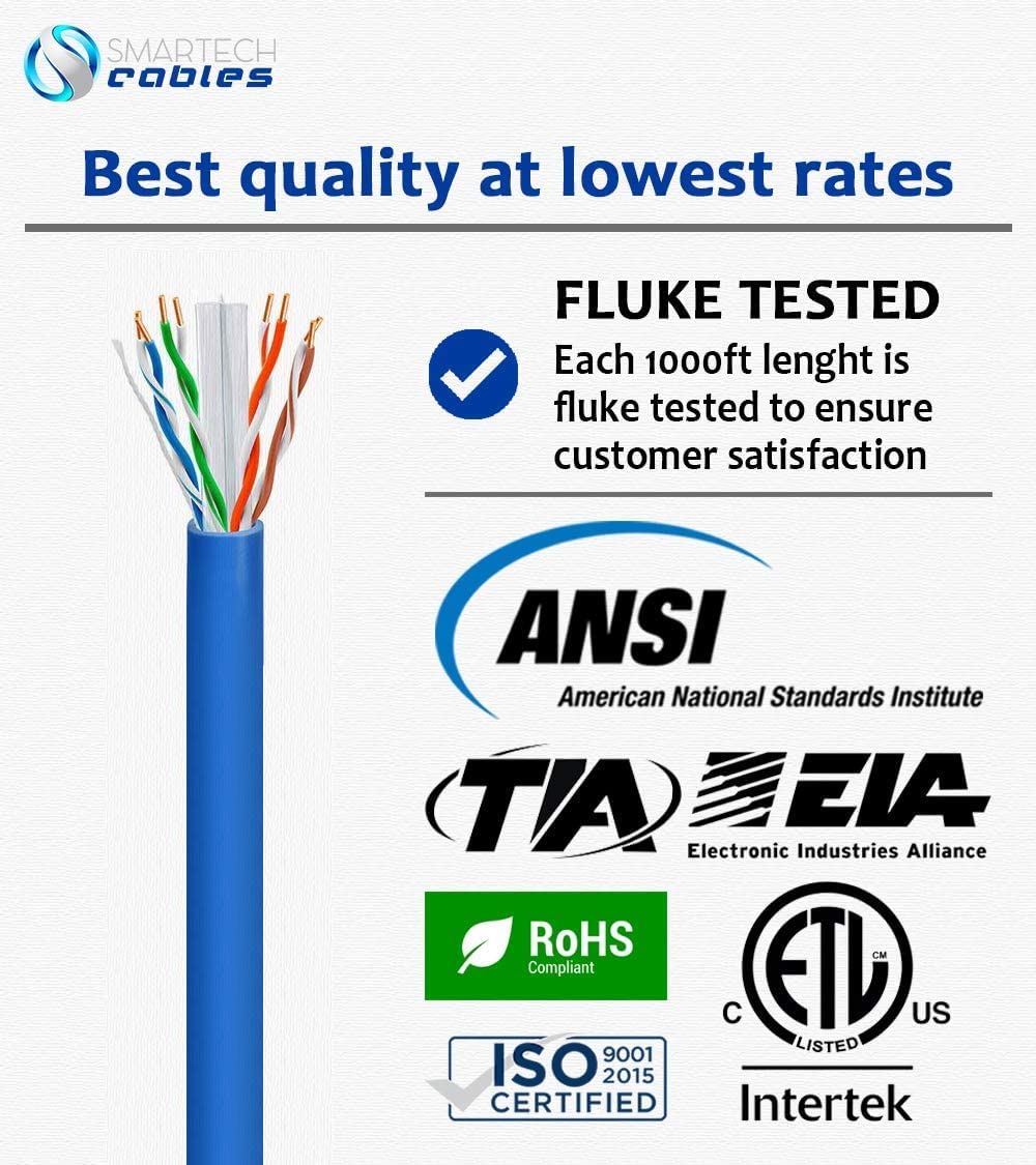 Smartech Cables CAT6 Plenum Cable 1000ft (CMP) | Bulk Ethernet Cable 1000ft | 23 AWG, 550MHz 4Pair UTP 10GB Internet Cable | Quality Tested Ideal for Networking & Stable Performance (Blue)