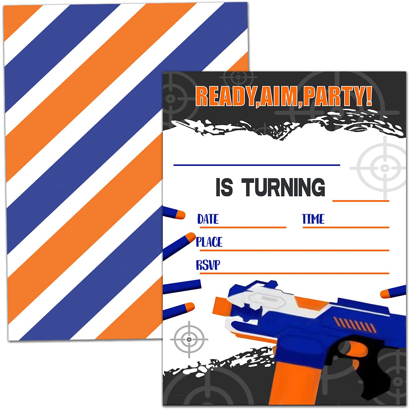 Birthday Party Invitation Cards, Dart War Party Celebration, Blaster Nerf Gun Battle Birthday Party Supplies, Favors, 20 Cards With 20 Envelopes ā (B03)
