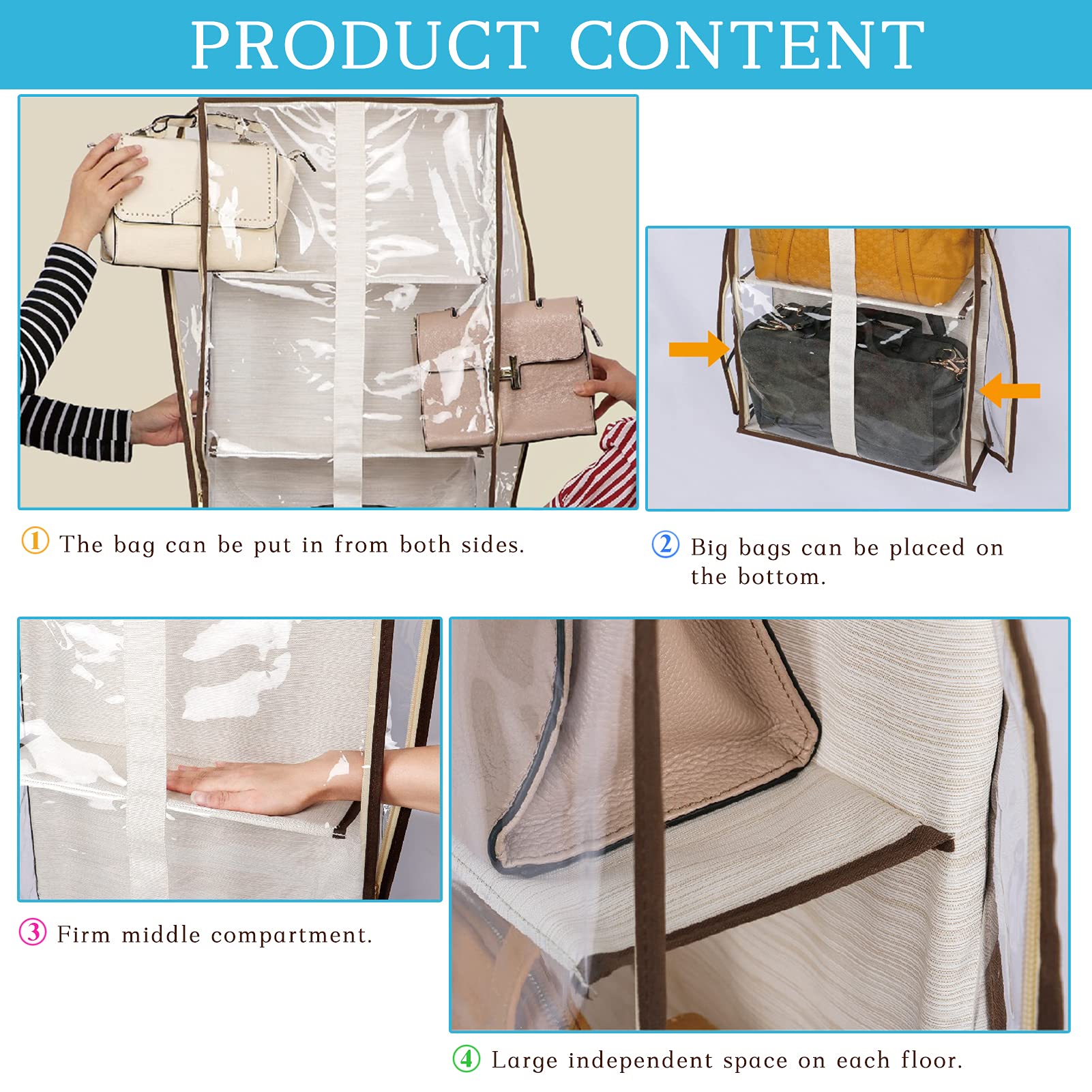 Clear Closet Hanging Handbag Organizer with Zippers, KMOTASUO Easy Access Wardrobe Tote Bag Purse Storage Holder Over The Door Space Saving Shelf Pocket for Bedrooms Living Room