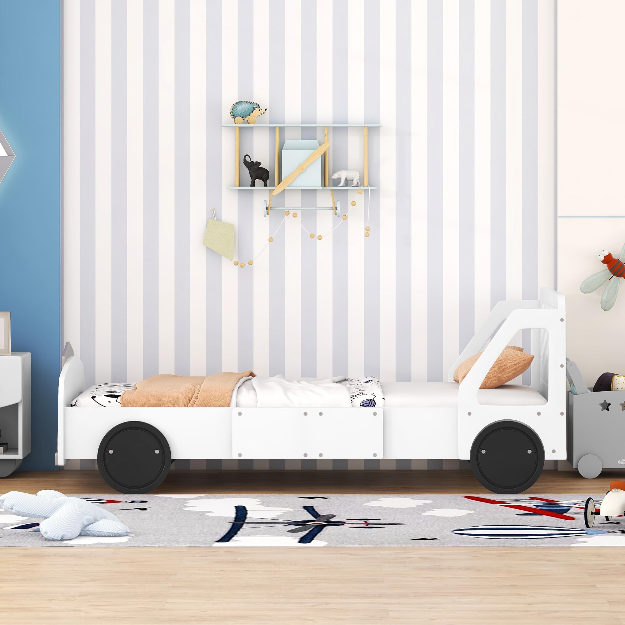 Harper & Bright Designs Twin Size Car-Shaped Bed with Wheels,Twin Kids Bed with Headboard & Footboard,Wood Twin Platform Bed Frame,Lightning McQueen Bed for Kids Boys Girls (White)