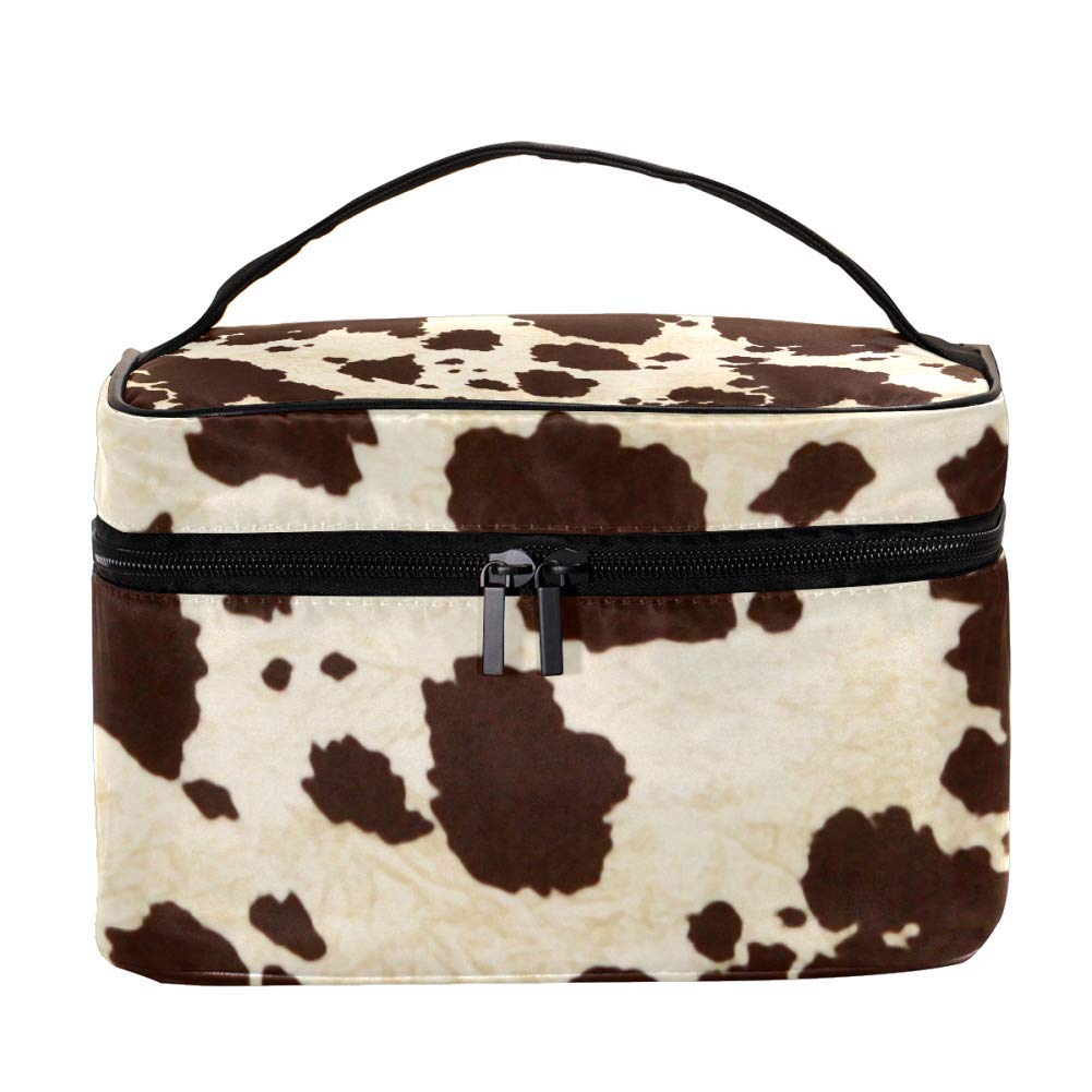 Women Large Professional Travel Makeup Bag Pouch with Big Cow Fur Print Pattern Print,Portable Train Cosmetic Case Organizer for Cosmetics Makeup Brushes Toiletry Jewelry Digital Accessories