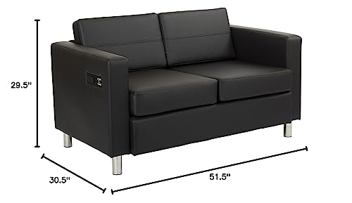 AVENUE•SIX Office Star Atlantic Vinyl Loveseat with Built-in Dual AC and USB Charging Station and Silver Finish Legs, Dillon Black