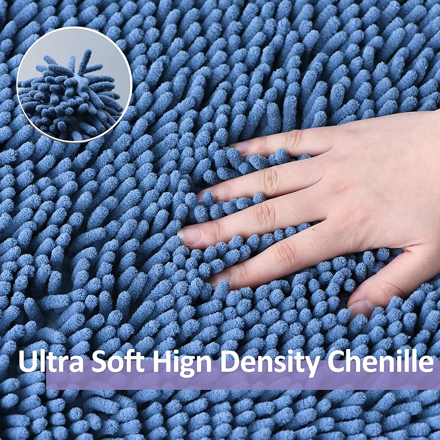 Blue Bath Toilet Rugs Chenille Bath Mats Set 2 Piece Extra Soft and Absorbent Shaggy Rugs, Machine Wash and Dry, Perfect Plush Bath Mats for Tub, Shower, Bathroom Decor, Washable Carpets Set