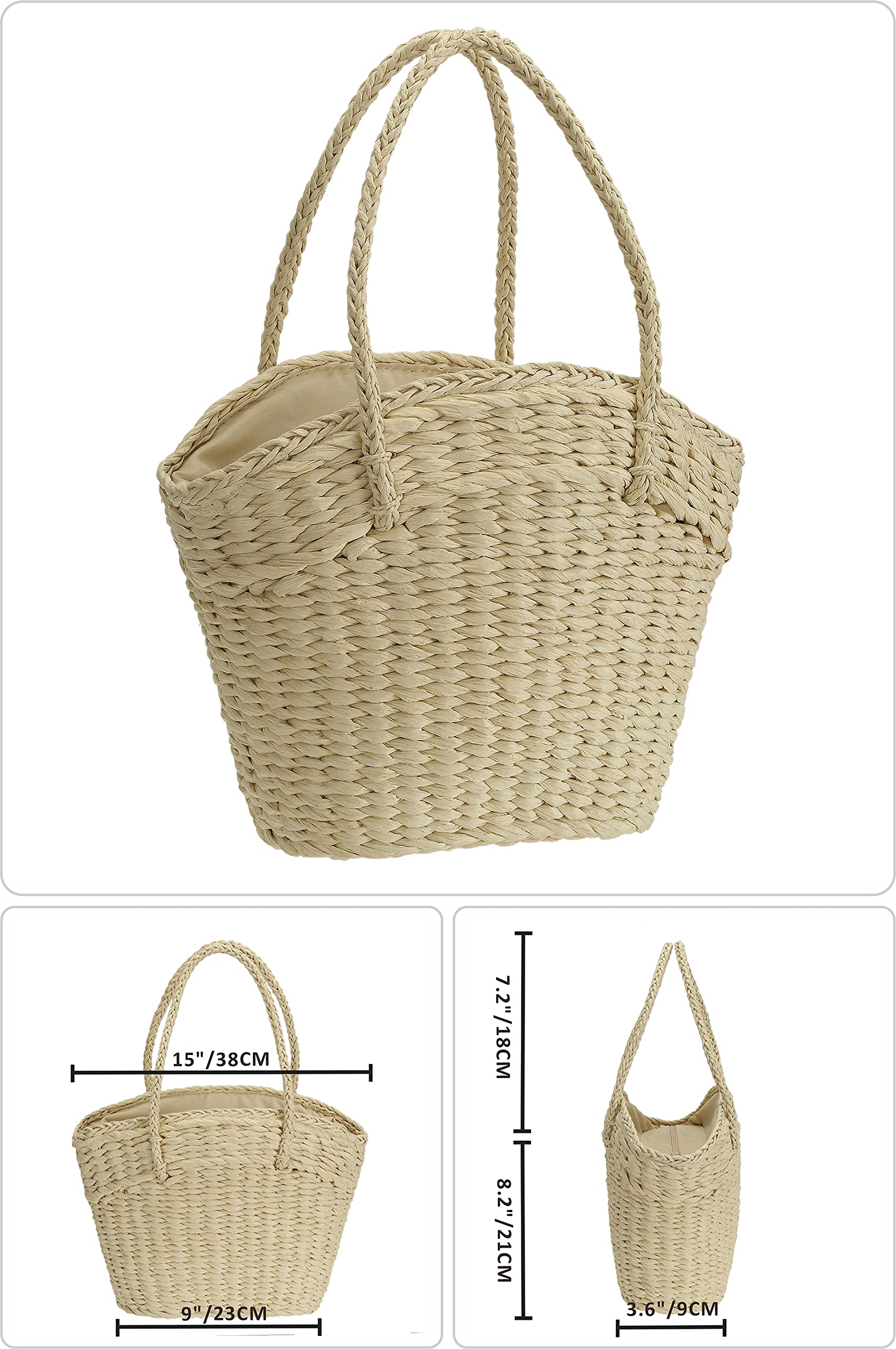 So'each Women's Handbag Wicker Woven Rattan Straw Tote Bag Basket Shoulder Bag Beige