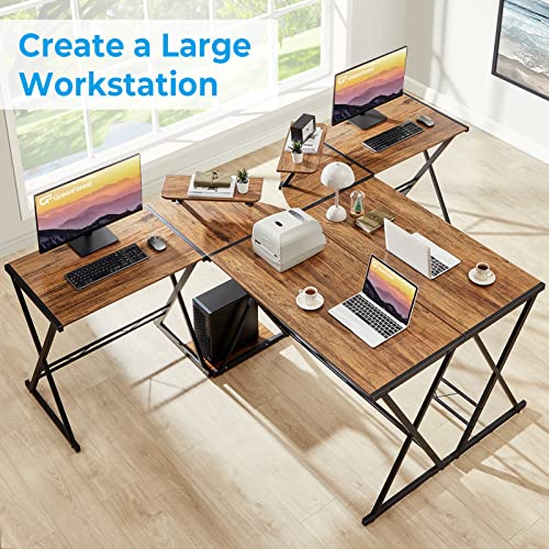 GreenForest L Shaped Desk 58β Reversible Corner Computer Desk with Movable Shelf and CPU Stand, Gaming Desk with Sturdy X Leg Space Saving Home Office Workstation Table, Walnut