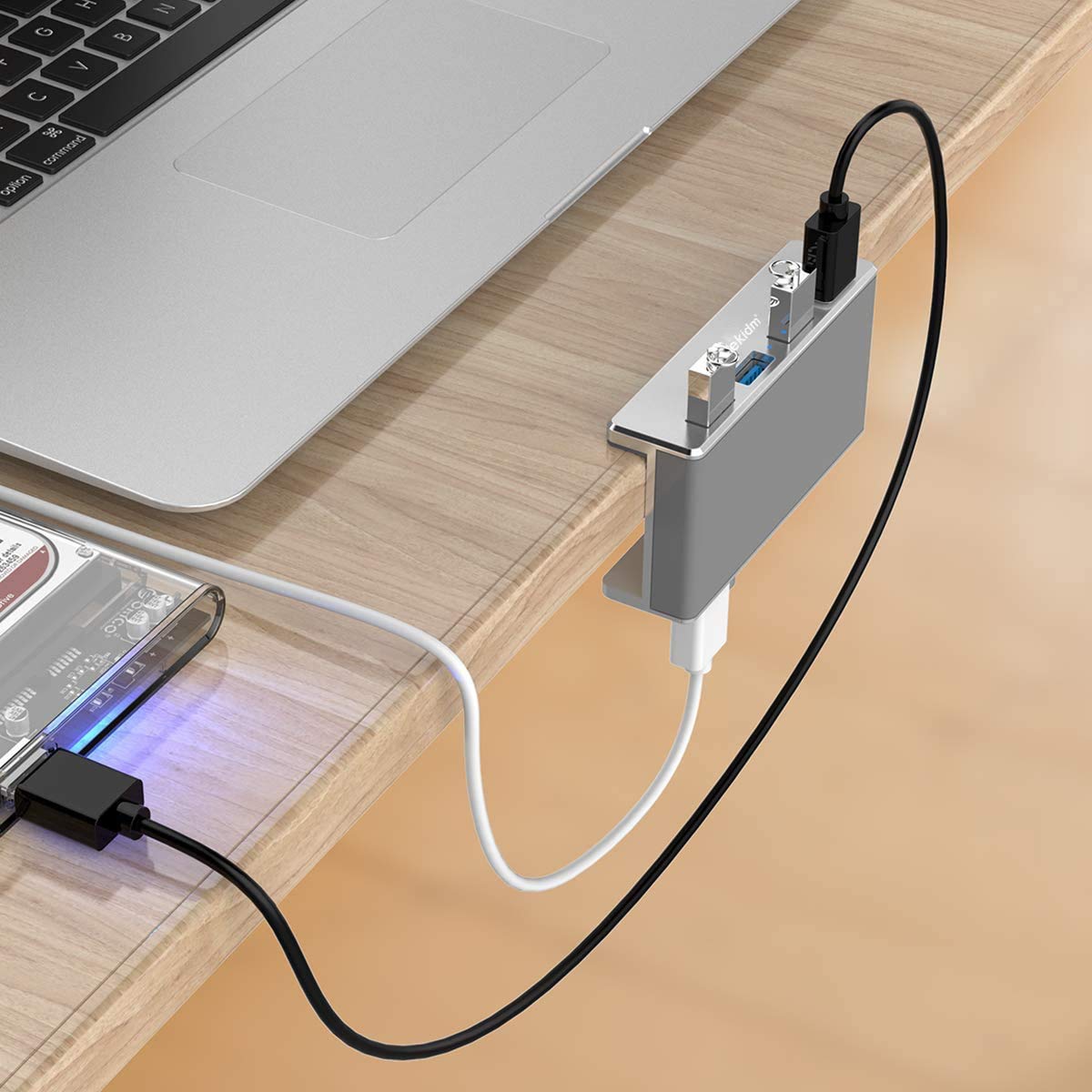 Powered USB Hub 3.0 – Rekidm USB Hub with Extra Power Supply Port, Aluminum Clamp for Desktop, Computer, PC, Table Edge with Durable Adjustable Clip, Compact Space-Saving Mountable USB Hub (Silver)