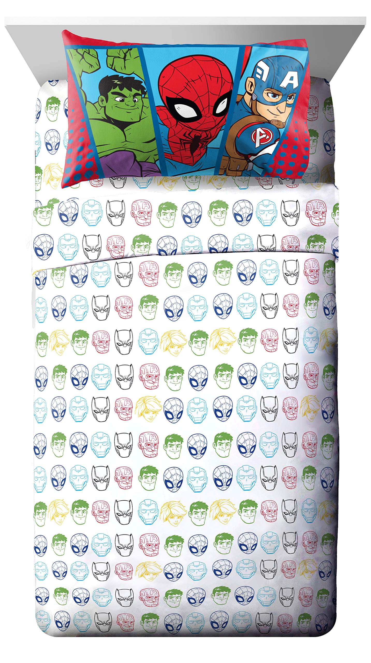 Jay Franco Marvel Super Hero Adventures Double Team 4 Piece Toddler Bed Set Super Soft Microfiber Bed Set-Bedding Features Captain America,Spiderman, Iron Man & Black Panther Official Marvel Product