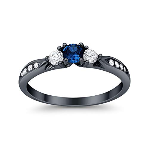 925 Sterling Silver Black Tone Rhodium Plated Ring, Round Simulated Blue Sapphire with Clear CZ Accent, Size-7