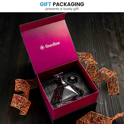 FineDine European Style Glass Whiskey Decanter & Liquor Decanter with Glass Stopper, 30 Oz.- With Magnetic Gift Box - Aristocratic Exquisite Diamond Design - Glass Decanter for Alcohol Bourbon Scotch.