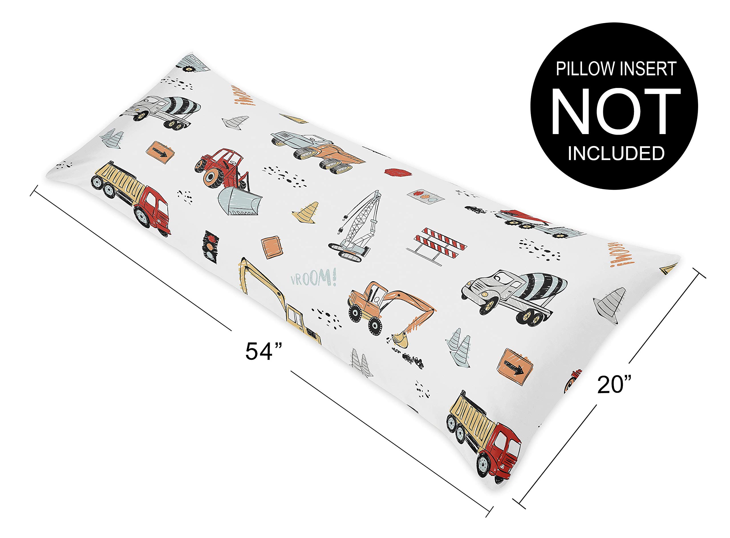 Sweet Jojo Designs Construction Truck Body Pillow Case Cover (Pillow Not Included) - Grey Yellow Orange Red and Blue Transportation