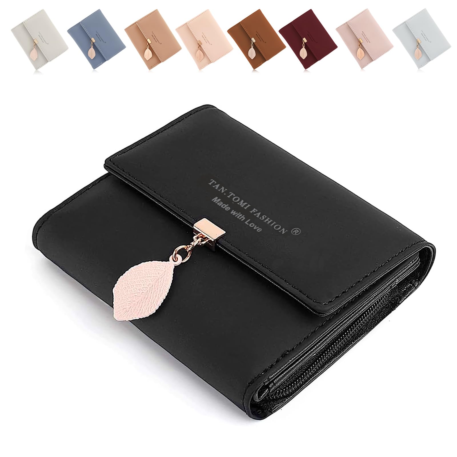 CALIYO Wallets for Women, Leaf Card Holder Trifold Small Wallets for Women , Silm Wallets Zipper Coins Pocket with ID Window,Black